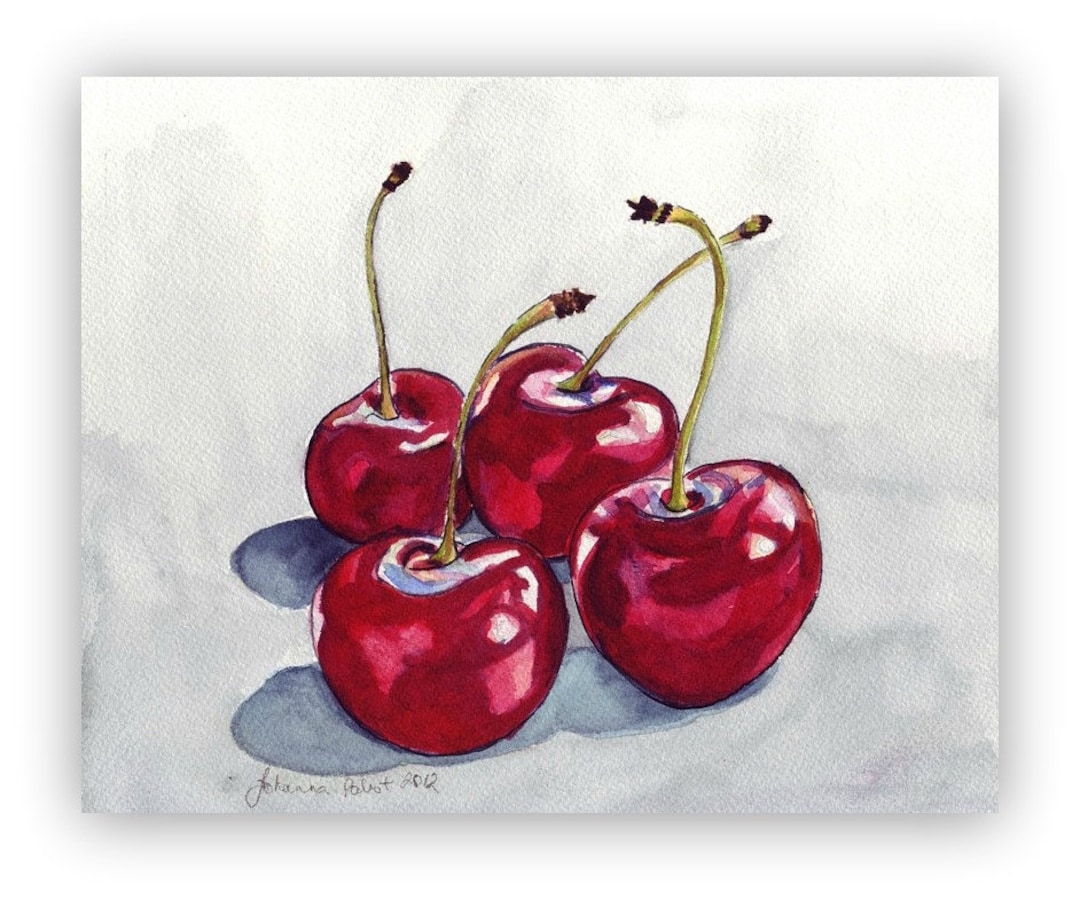 Cherry Watercolor Painting - Four Red Cherries No. 2, Watercolor Art ...