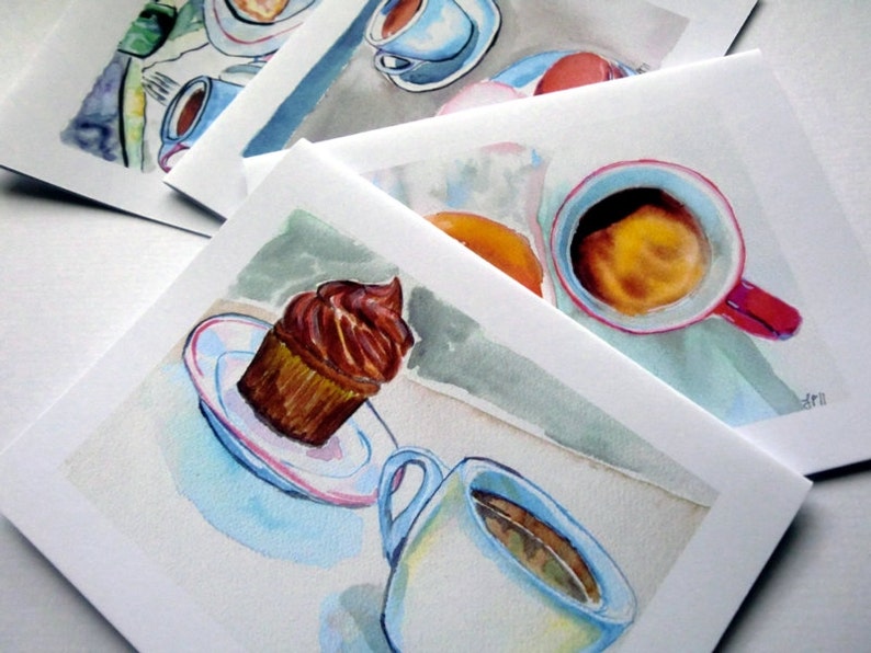 Blank Cafe Cards Coffee Scenes Watercolor Art Notecards, Set of 4 - Etsy