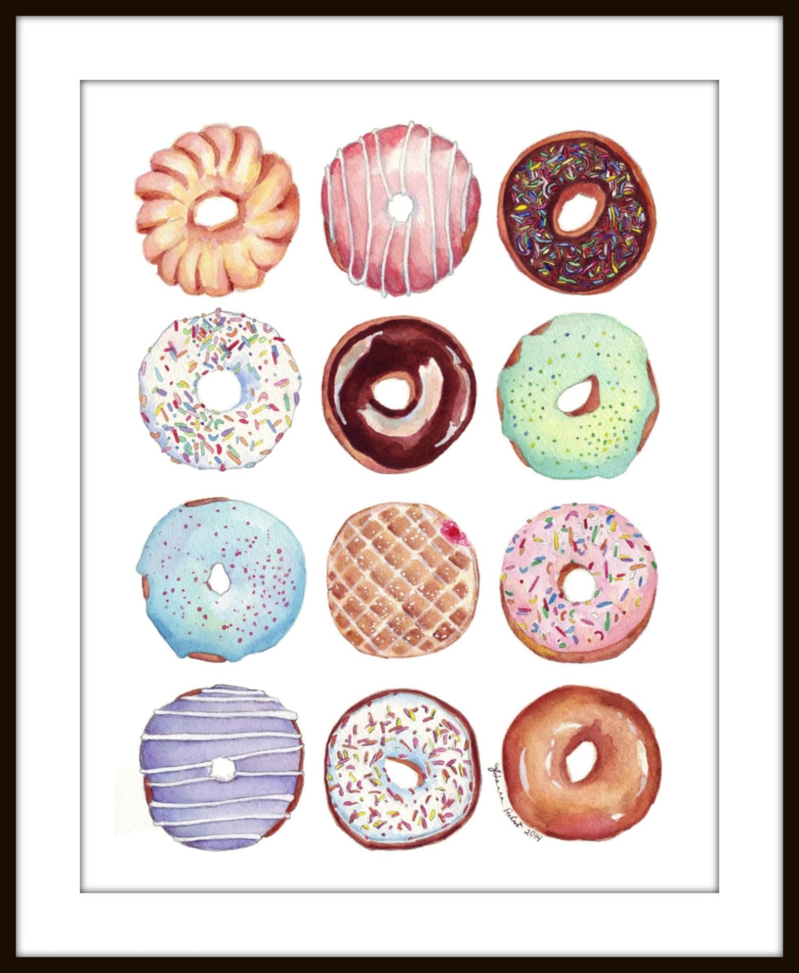Donuts Art Print Classic Dozen Doughnut 8x10 Print Foodie Home Decor ...