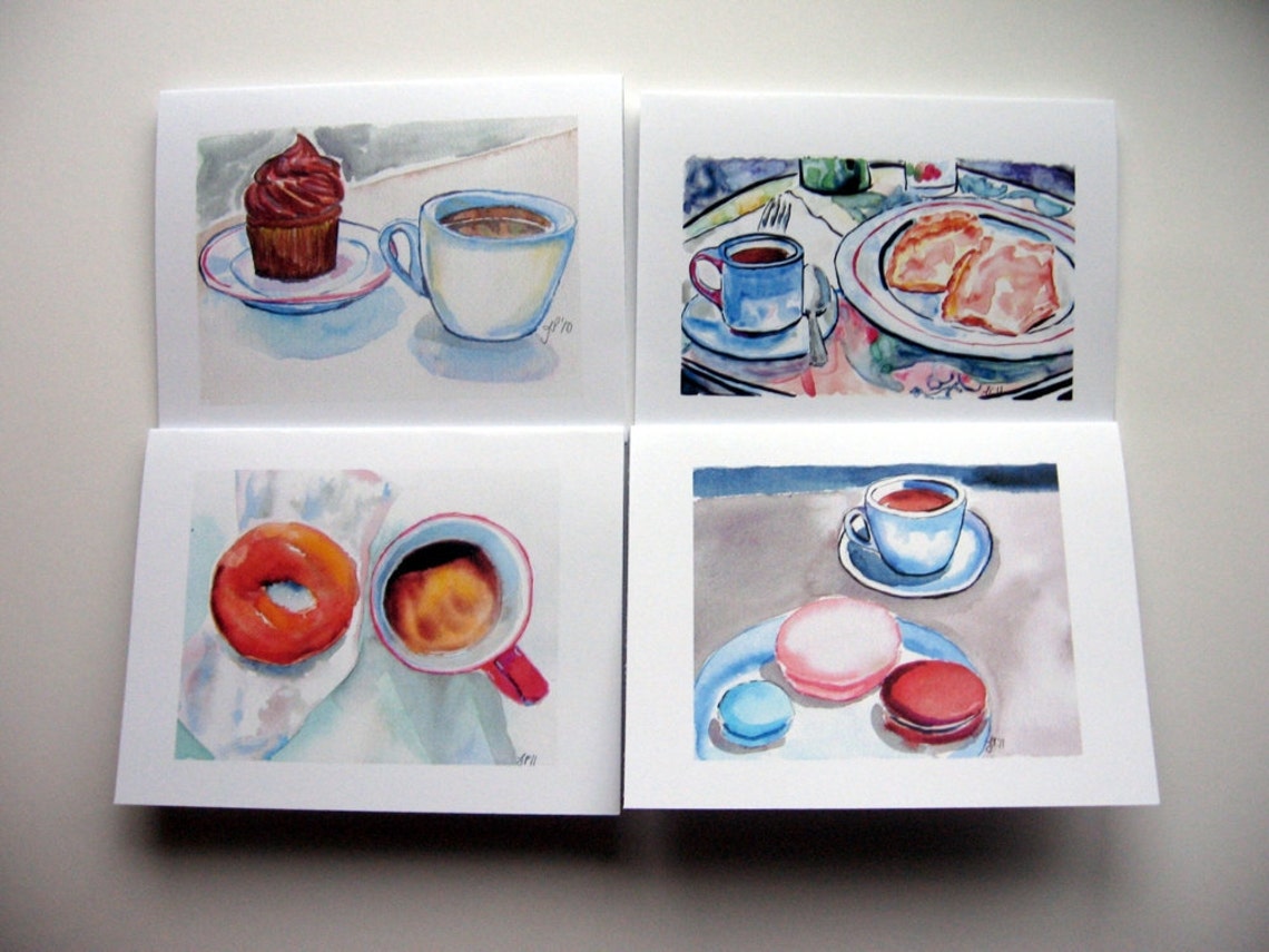Blank Cafe Cards Coffee Scenes Watercolor Art Notecards Set | Etsy
