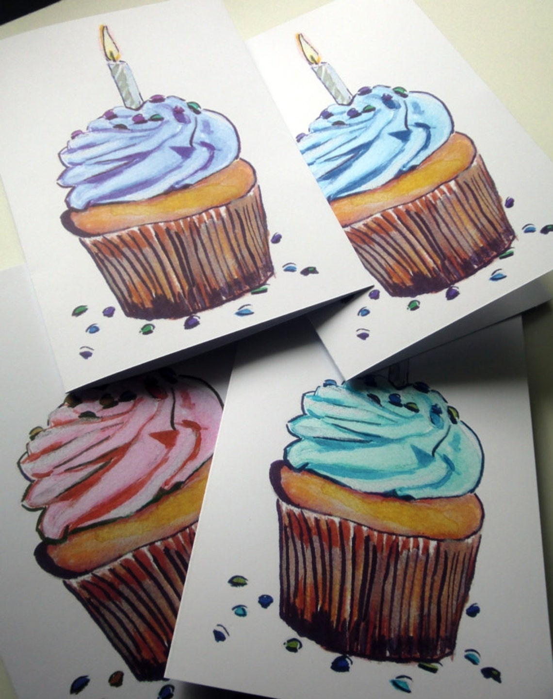 Cupcake With Candle Birthday Cards Set, Watercolor Art Birthday ...