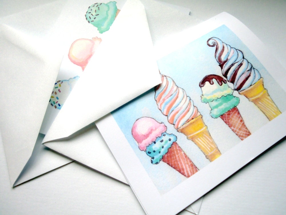 Ice Cream Cards - Ice Cream Cones Watercolor Art Blank Notecards - Food ...