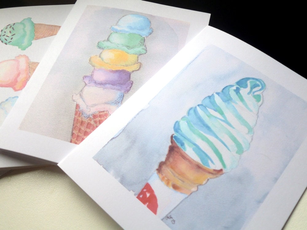 Ice Cream Cards Ice Cream Cones Watercolor Art Blank Notecards Food ...