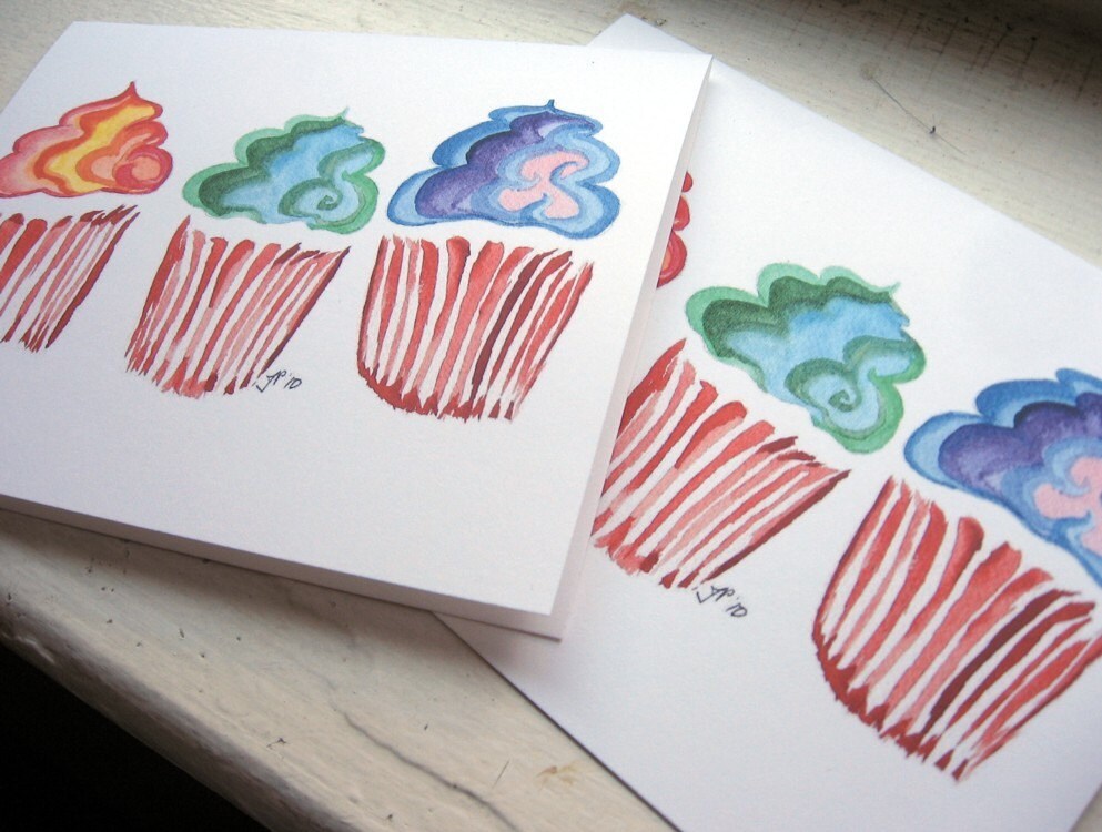 Cupcake Notecards, Rainbow Swirl Cupcake Art Cards, Set of 12 - Etsy