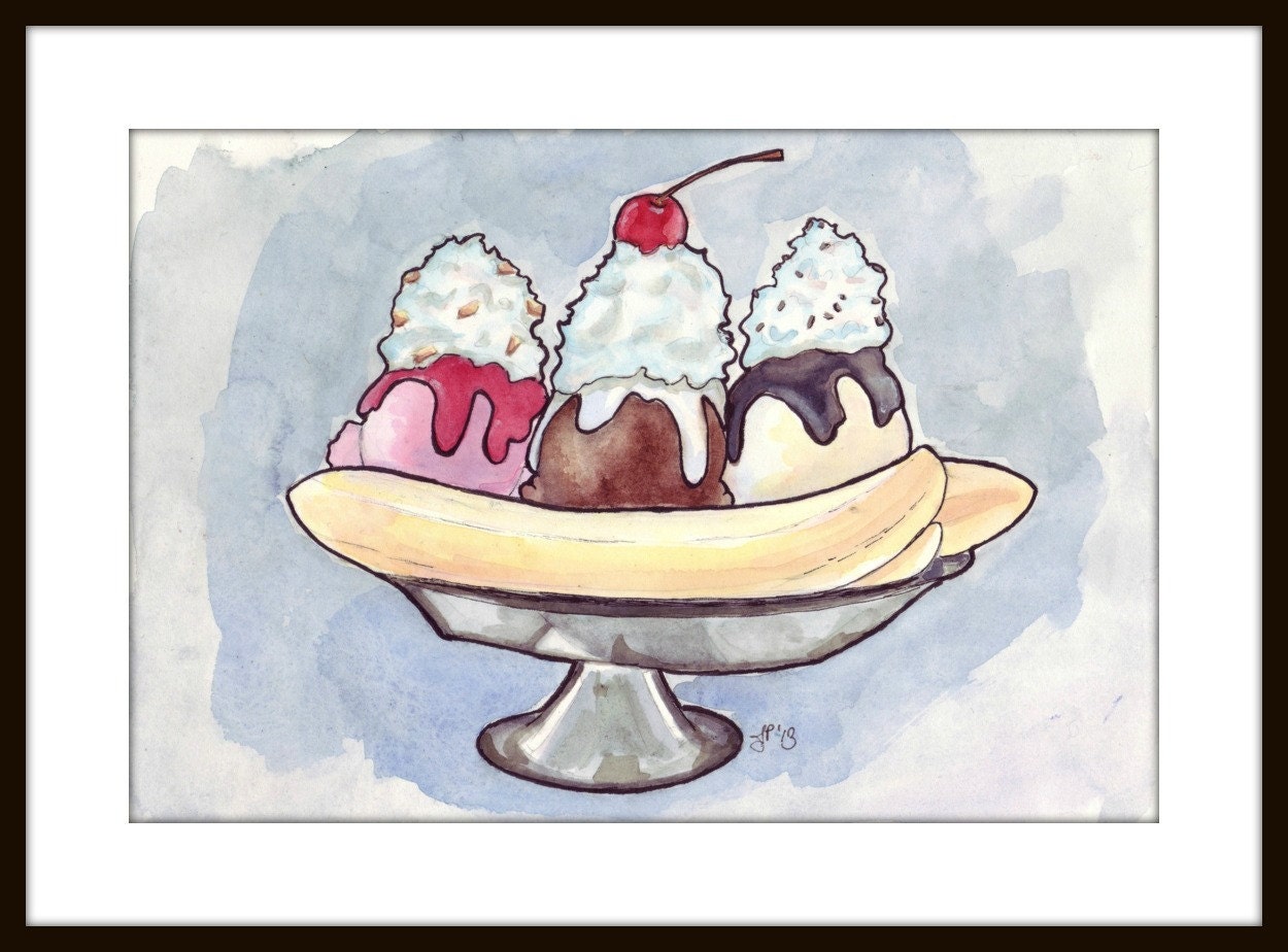Banana Split Watercolor Painting Ice Cream Sundae Art Food Illustration ...