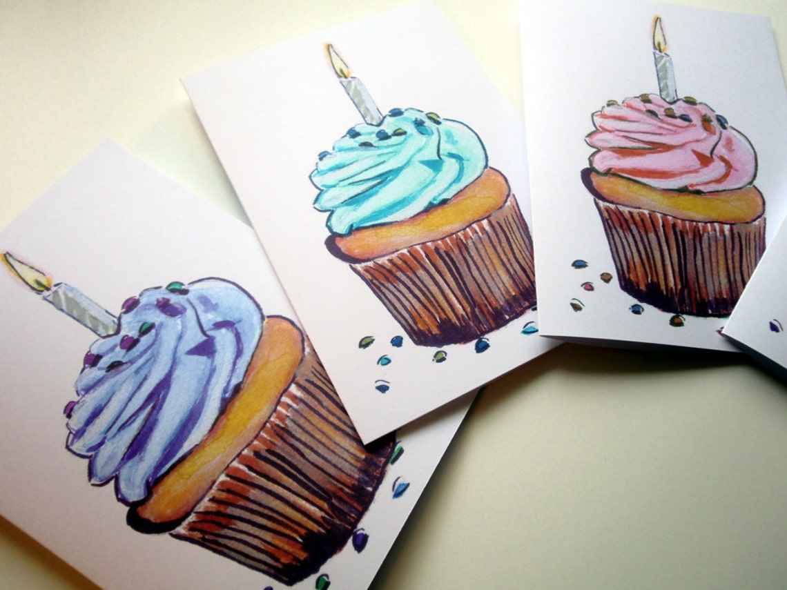 Watercolor Cupcake Birthday Cards, Colorful Prints, Set of 12 - Etsy