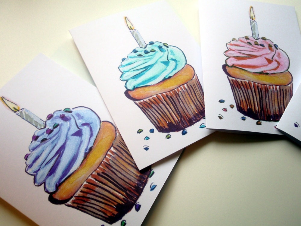 Cupcake Birthday Cards Set Watercolor Art Birthday Greeting | Etsy