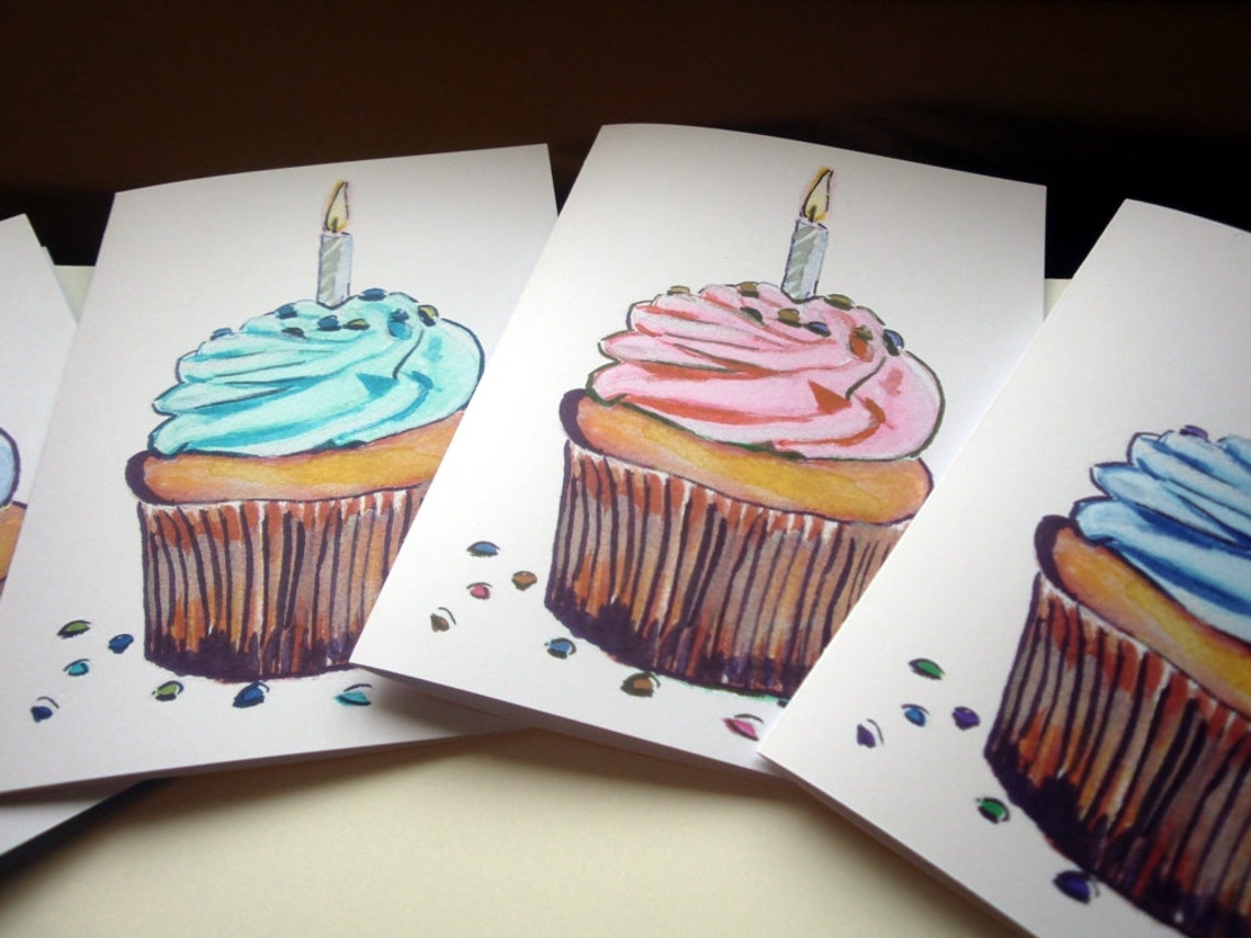 Cupcake With Candle Birthday Cards Set, Watercolor Art Birthday ...