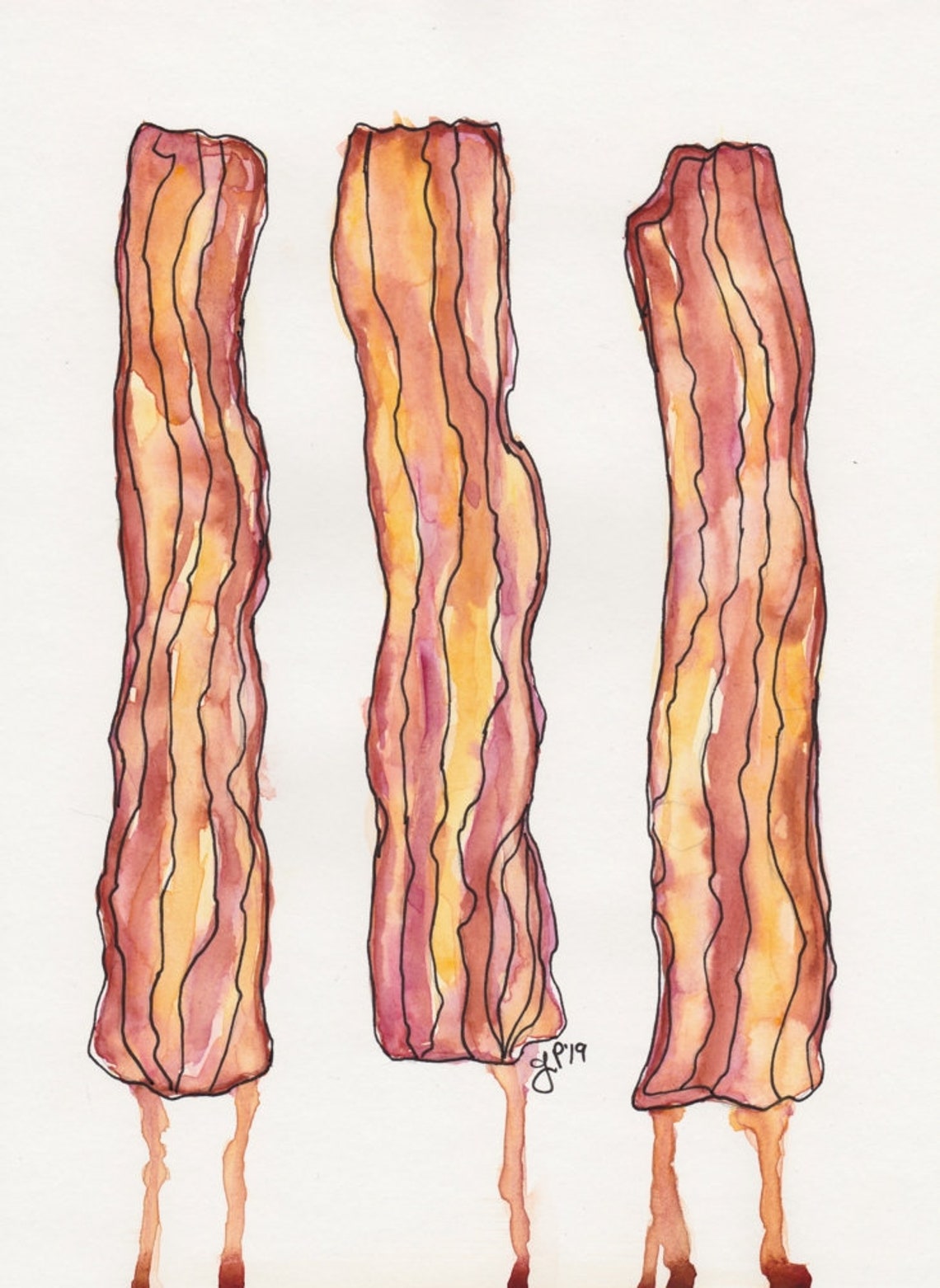 Bacon Art - Original Bacon Watercolor Painting - Breakfast Food ...
