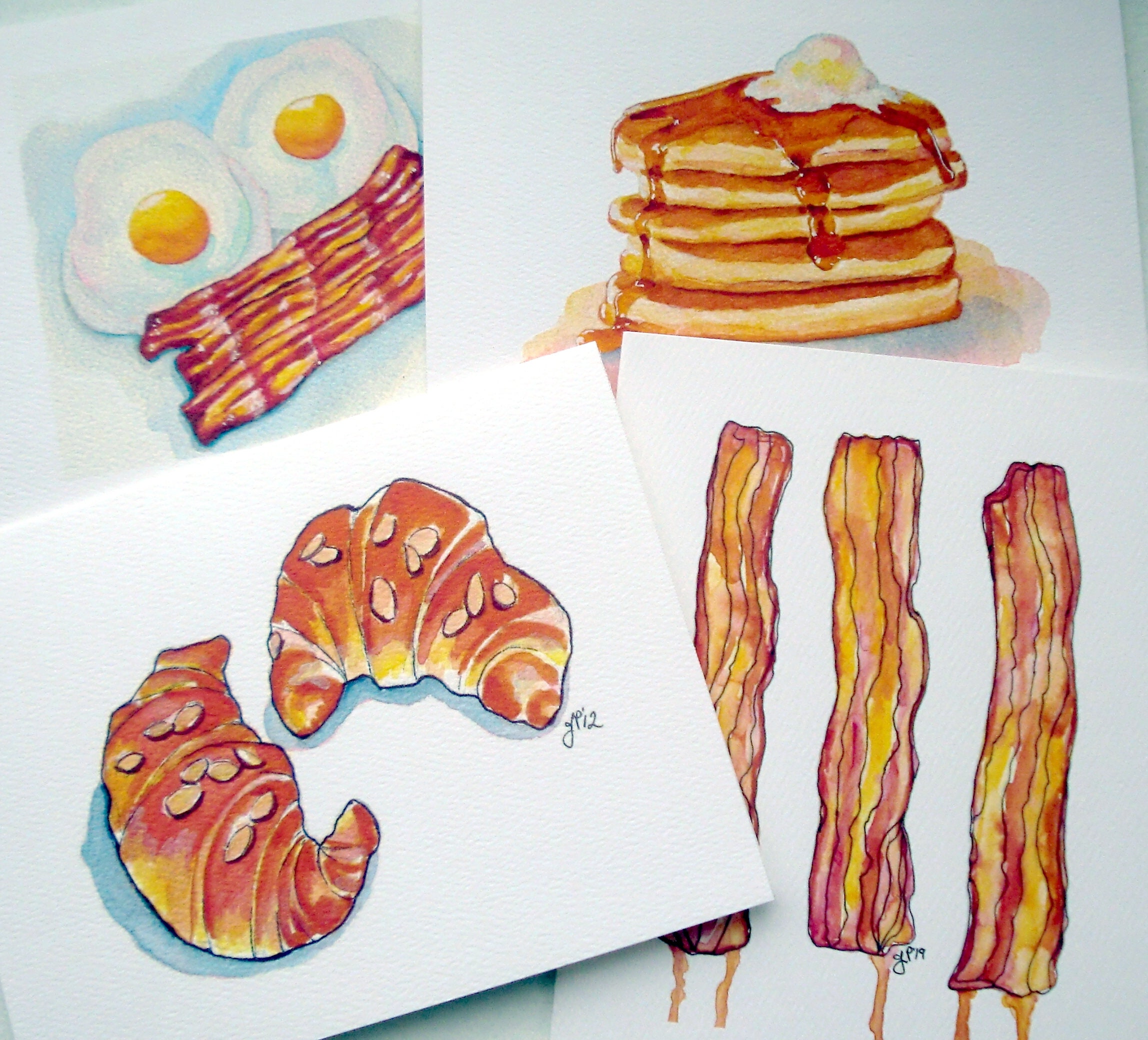 Bacon Cards Breakfast Foods Card Set Foodie Watercolor Art - Etsy
