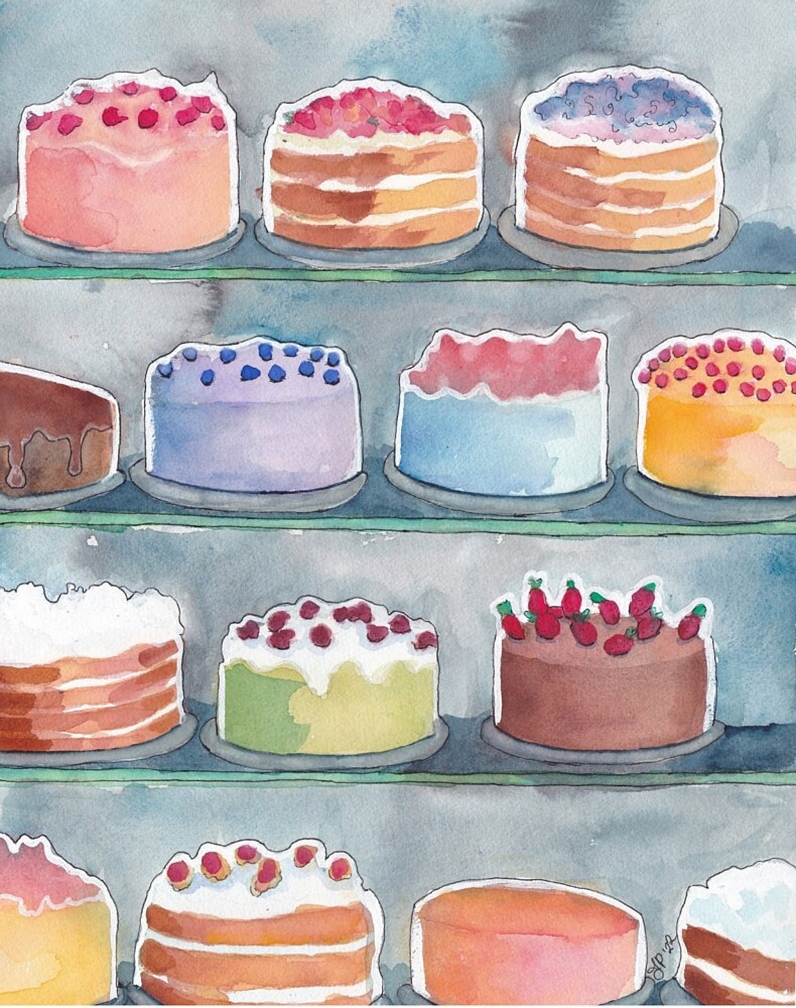 Cake Window Watercolor Painting Art Dessert Display No. 3 Print ...
