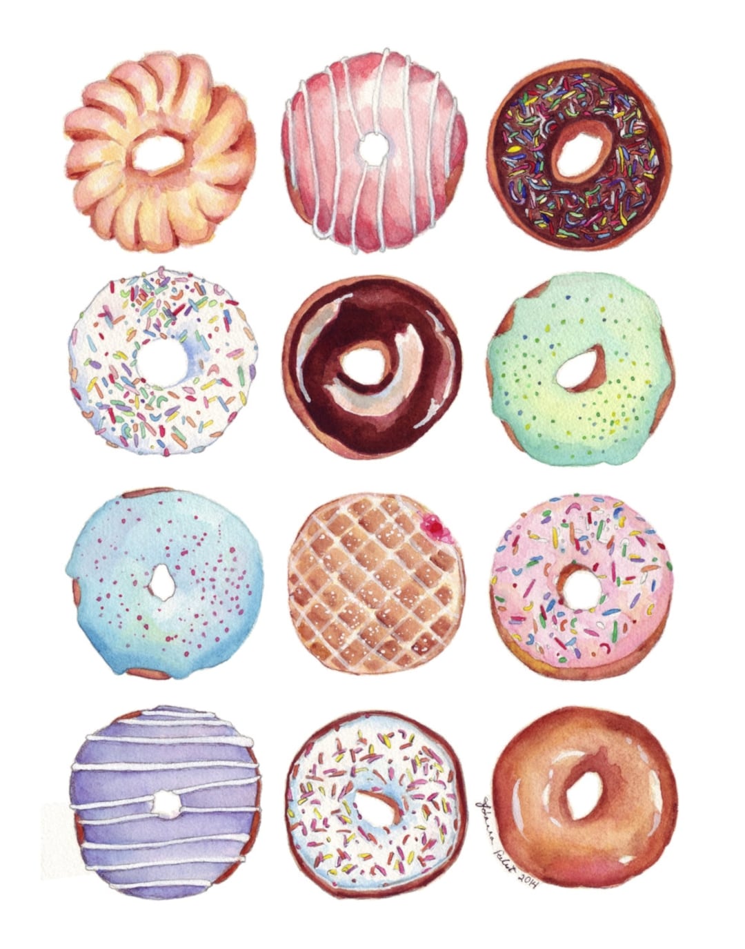Donuts Art Print - Classic Dozen Doughnut 8x10 Print - Foodie Home ...