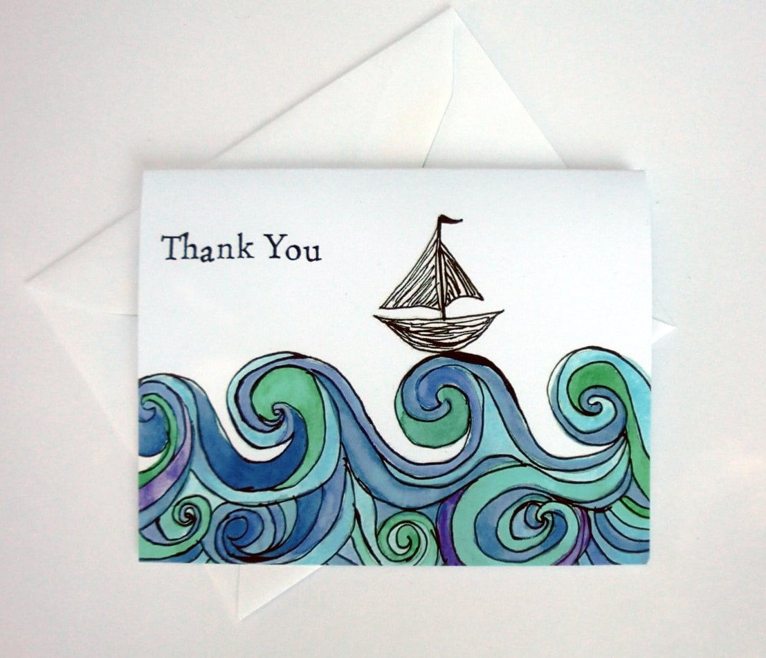 Sailboat on Ocean Waves Thank You Notes - Blue Green Watercolor Art ...