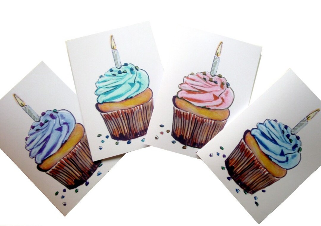 Watercolor Cupcake Birthday Cards, Colorful Prints, Set of 12 - Etsy
