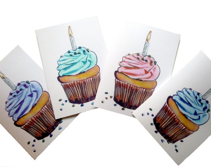 Cupcake Birthday Cards Set Watercolor Art Birthday Greeting | Etsy