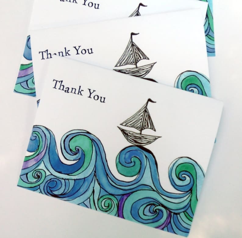 Boat Cards - Sailboat on Ocean Waves Thank You Notes - Blue Green ...