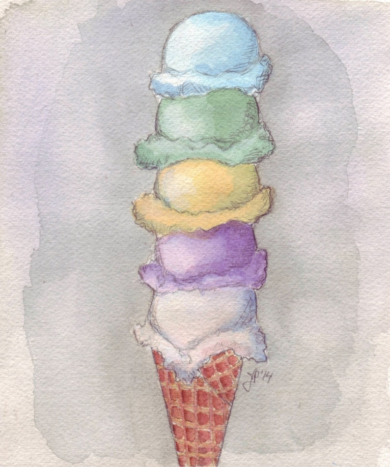Ice Cream Watercolor Painting - Five Scoops Cone Watercolor Art Print ...