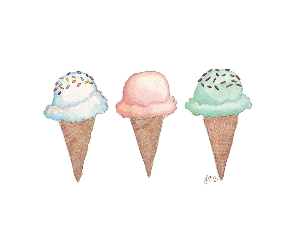 Ice Cream Art Trio Three Ice Cream Cones Watercolor Painting Food ...