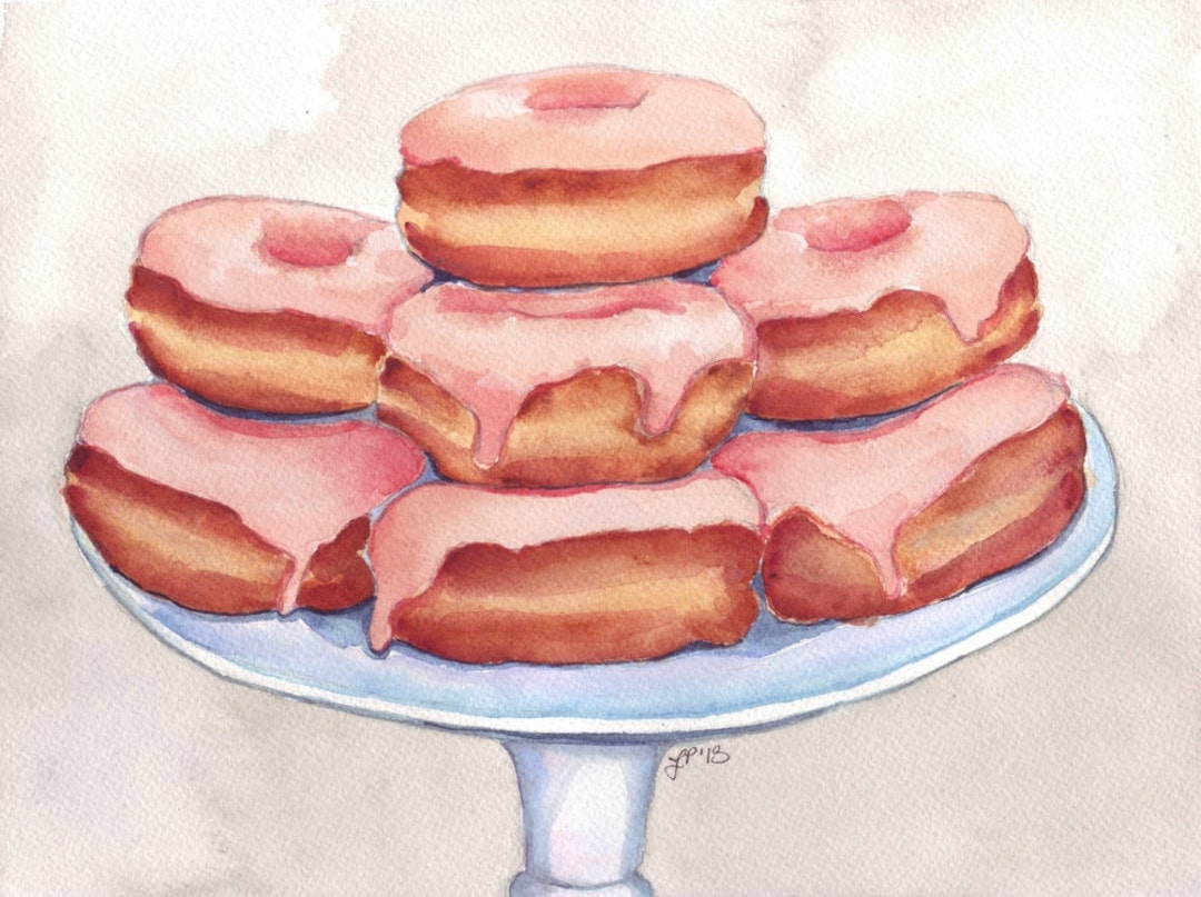 Donut Watercolor Painting - Pink Donuts on a Stand - 8x10 Print ...