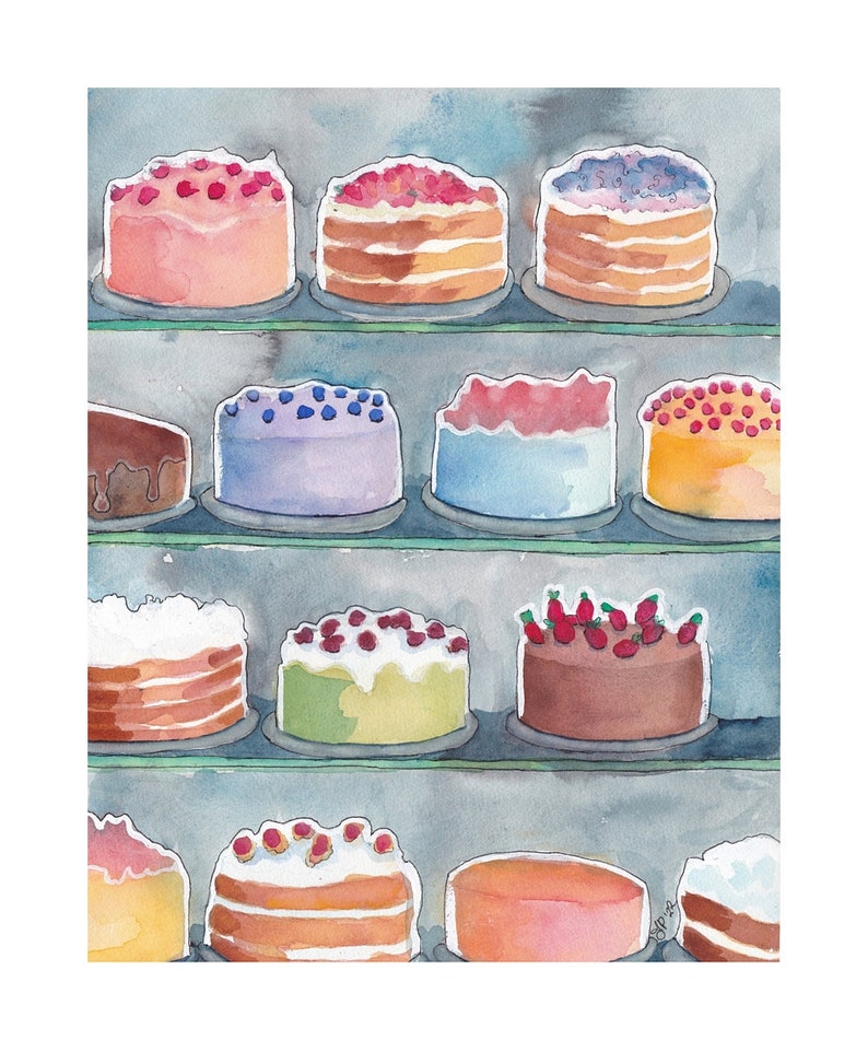 Cake Window Watercolor Painting - Art Dessert Display No. 3 Print ...