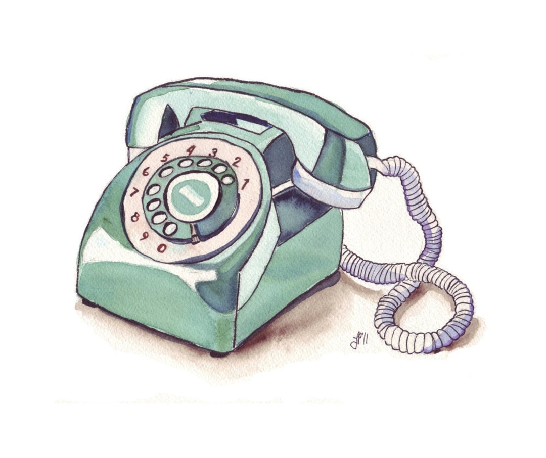 Watercolor Painting - Telephone Art, Green Vintage Rotary Telephone ...