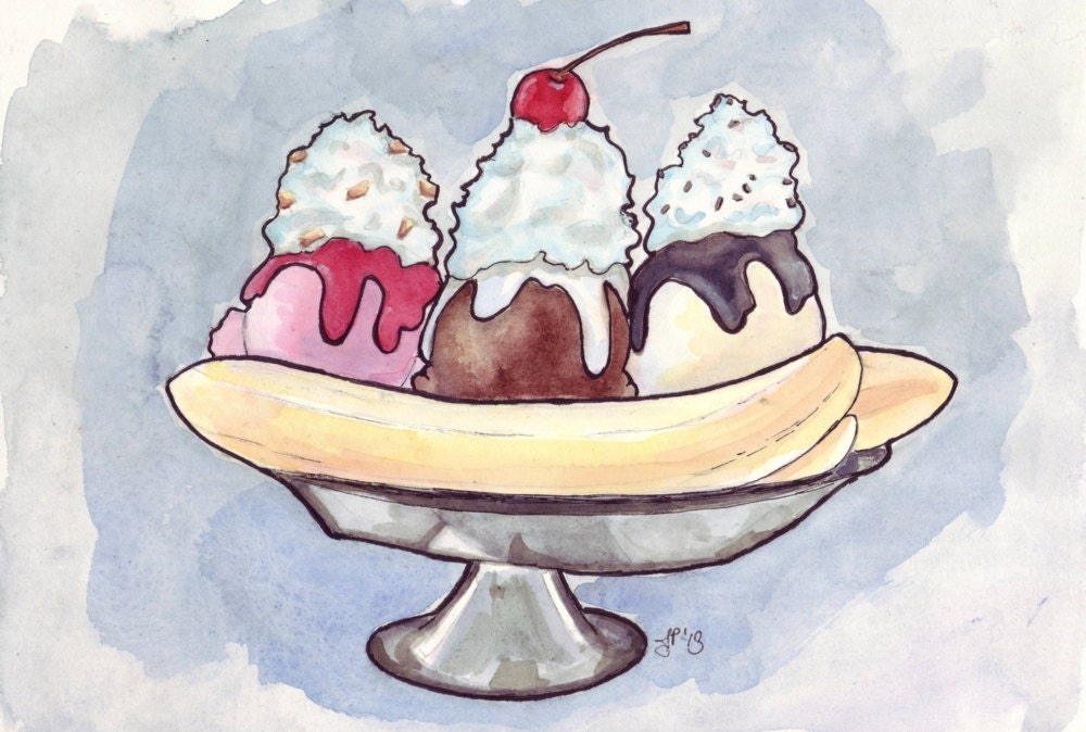 Banana Split Watercolor Painting Ice Cream Sundae Art Food Illustration ...