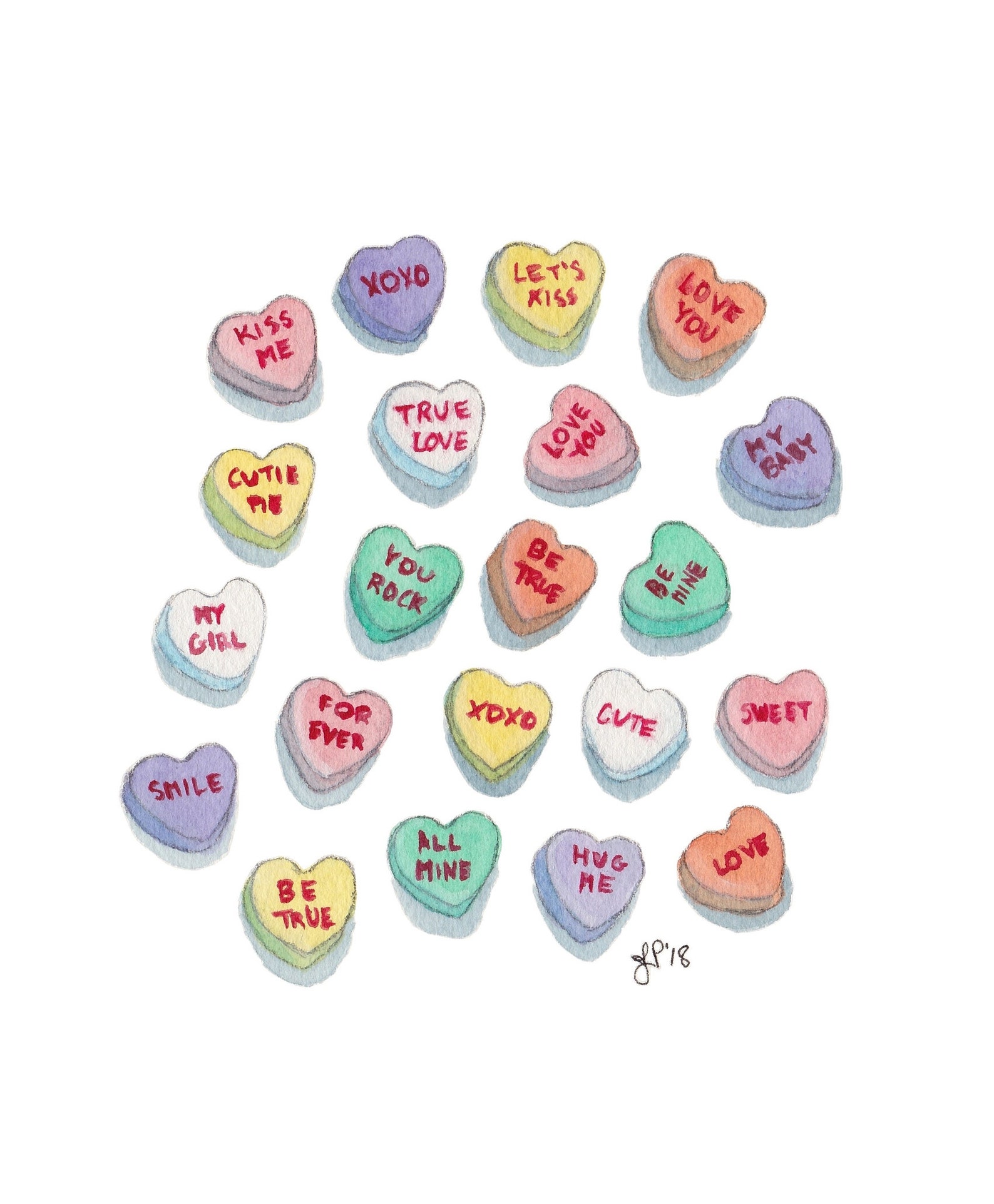 Candy Hearts Watercolor Art Print Colorful Necco Sweethearts Wall Art ...