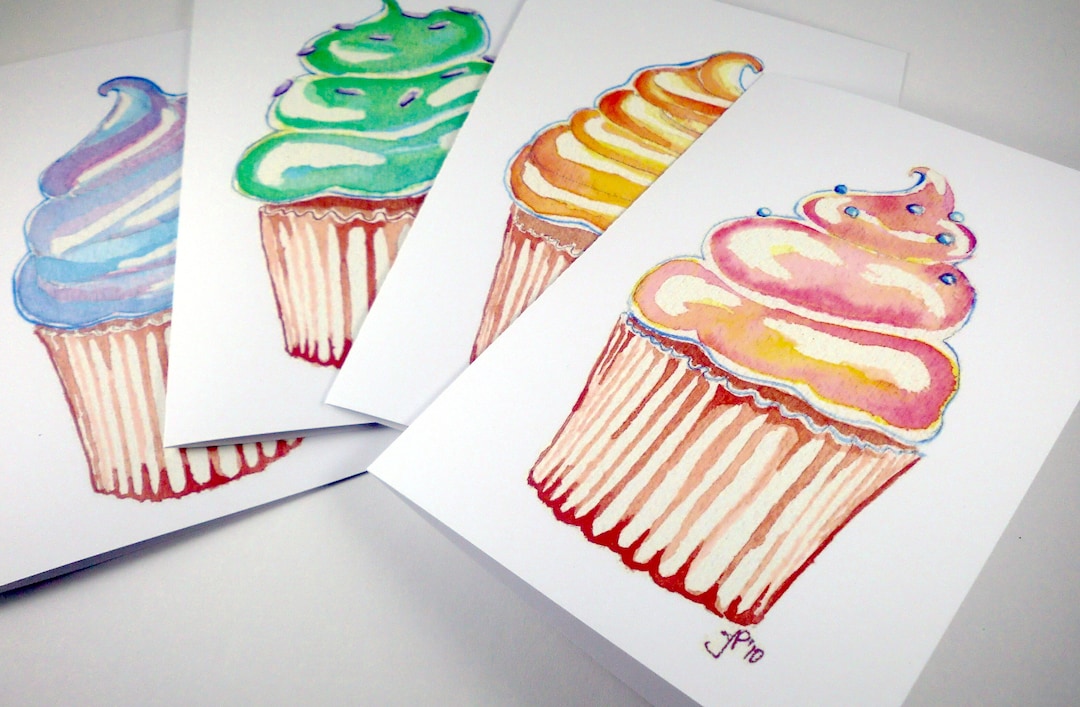 Watercolor Cupcake Birthday Cards - Set of 12 - Etsy