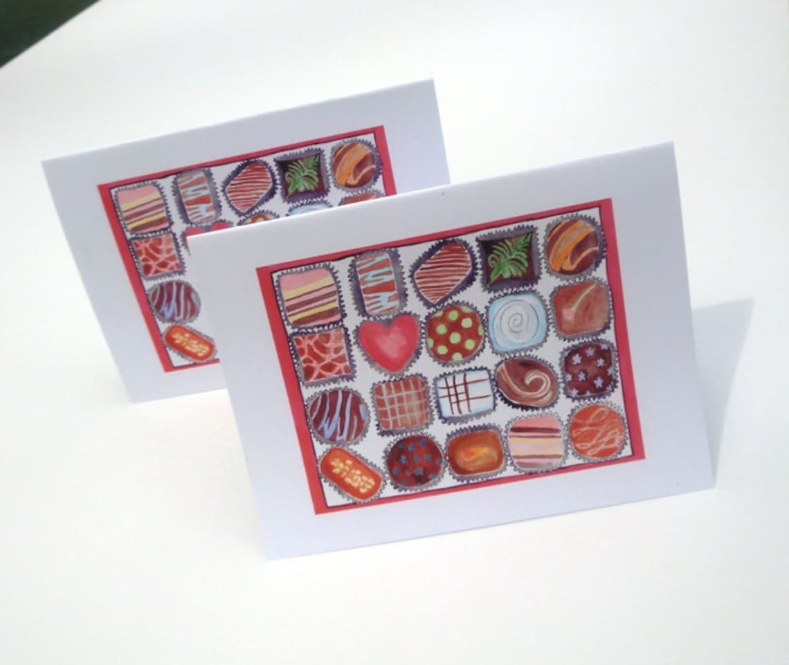 Chocolate Cards, Box of Chocolates Watercolor Art Notecards, Set of 12 ...