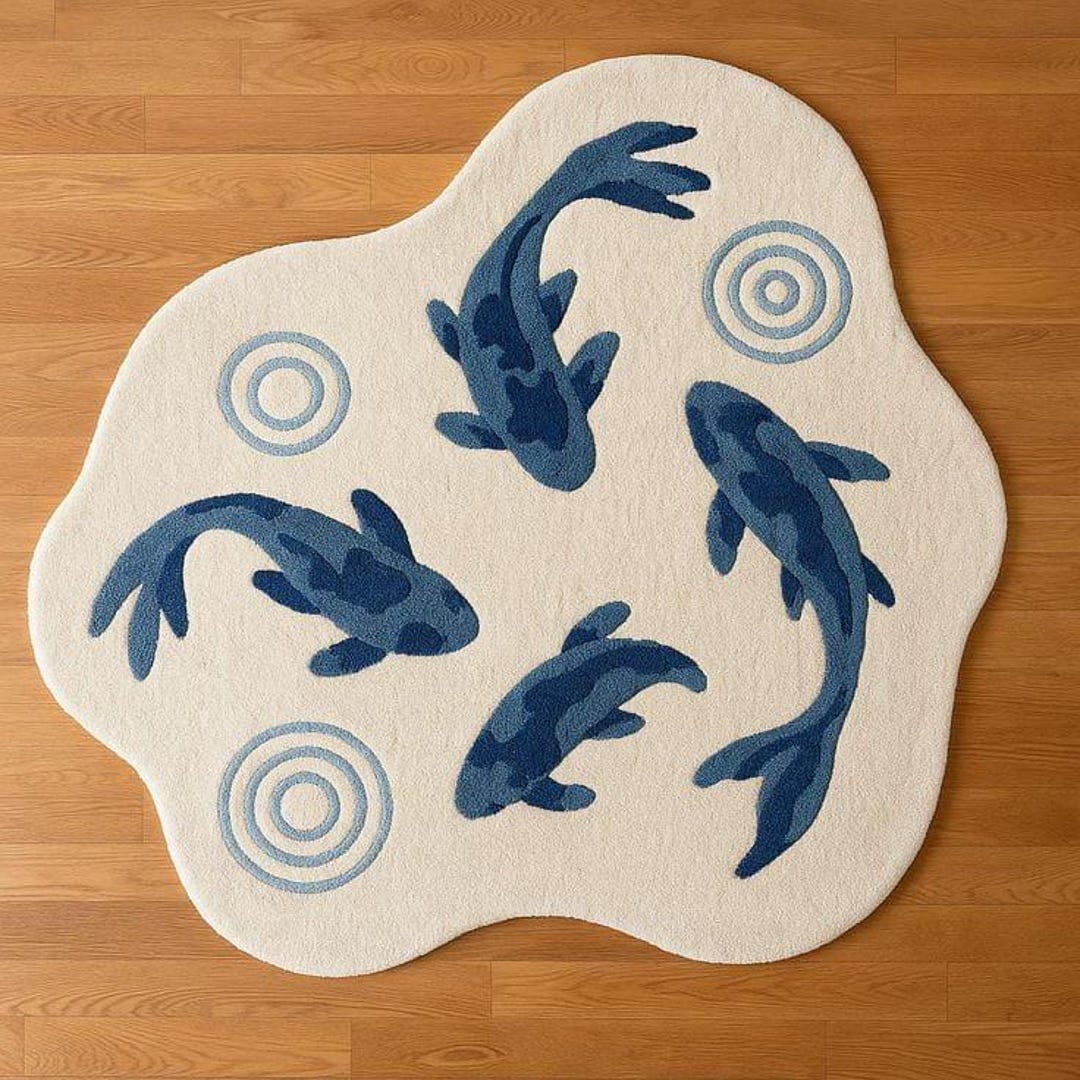 Hand-tufted Blue Koi Fish Wool Area Rug - Irregular Shape, Pond Design ...