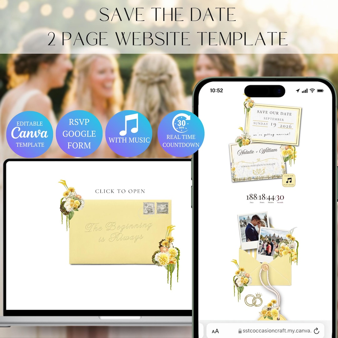 Yellow Save the Date Website Template With RSVP | Editable Canva ...