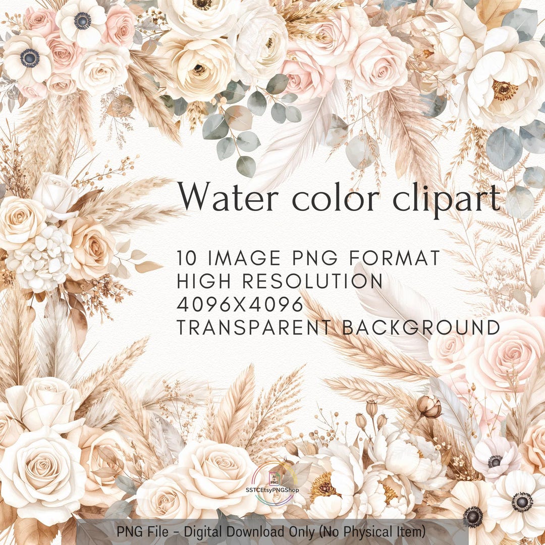 10 Bundle Neutral Boho Clipart Bundle, Pampas Grass and Ivory Rose PNG ...
