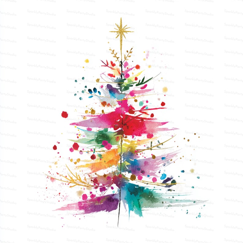 Watercolor Christmas Tree Clipart, Whimsical Holiday Art (JPG Instant ...