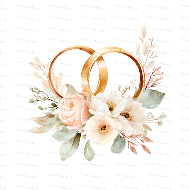 Clipart di fedi nuziali ad acquerello: rose ed eucalipto (download ...