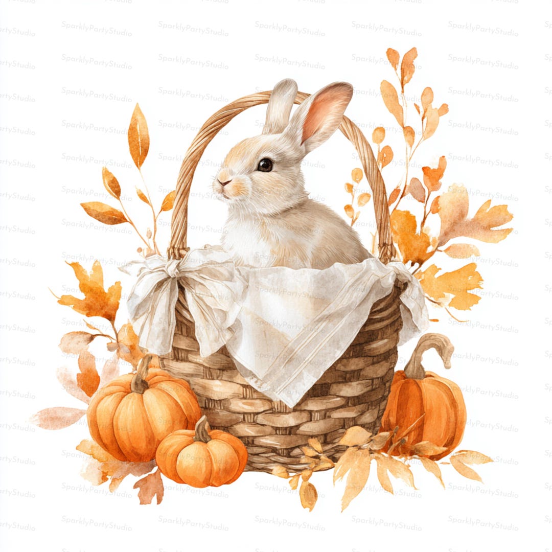 16 Cute Fall Bunny Clipart, Pumpkin Basket Rabbit Art, Watercolor ...