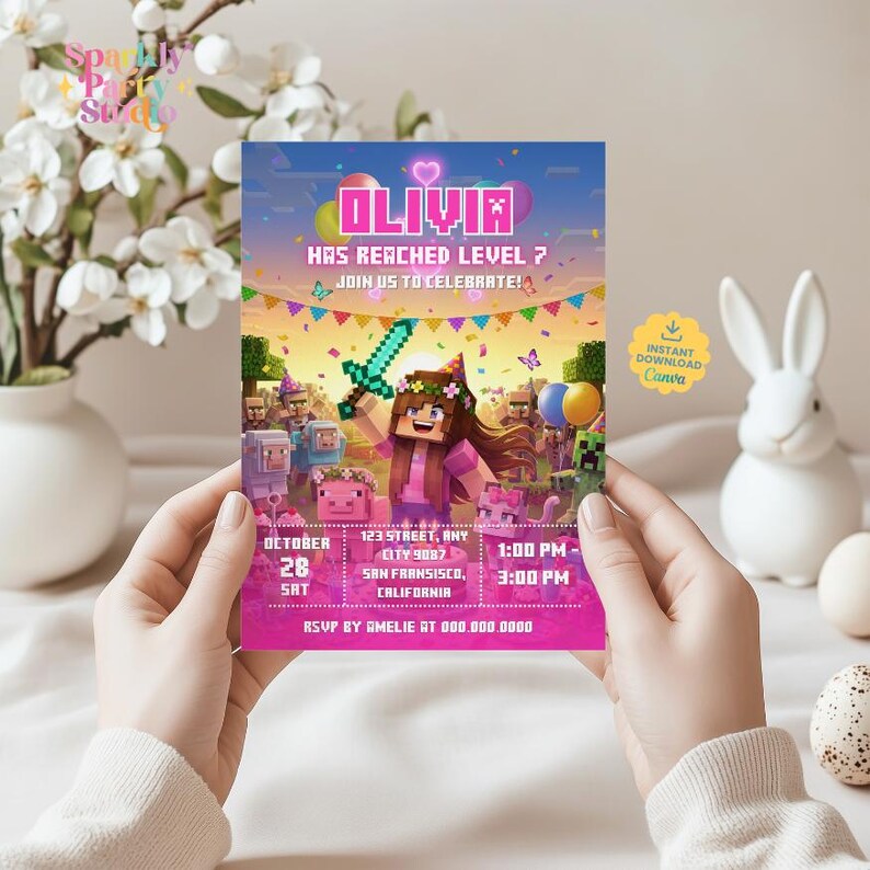 Editable Girl Minecraft Birthday Invitation, Girl Minecrafter Birthday ...