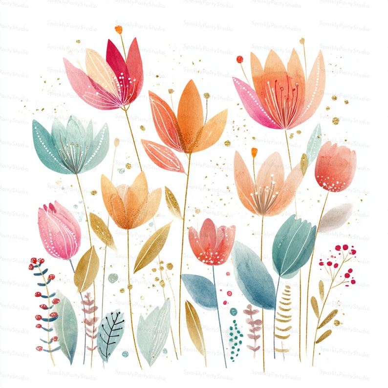 17 Bright Abstract Flowers Clipart JPG, Colorful Floral Art, Modern ...