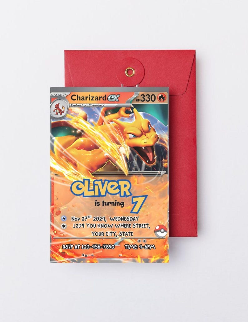 Editable Pokemon Birthday Invitation Template Charizard Card Invitation ...