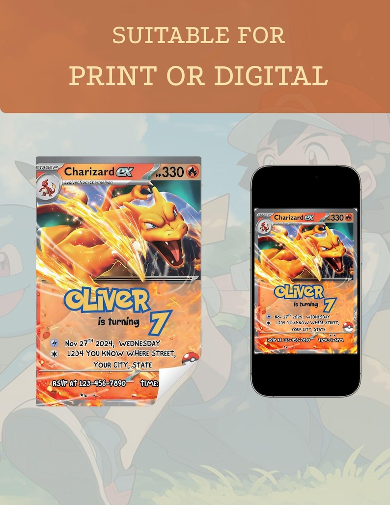 Editable Pokemon Birthday Invitation Template Charizard Card Invitation ...