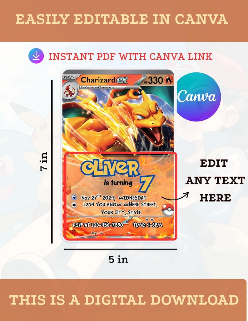Editable Pokemon Birthday Invitation Template Charizard Card Invitation ...