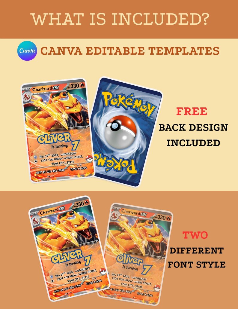 Editable Pokemon Birthday Invitation Template Charizard Card Invitation ...