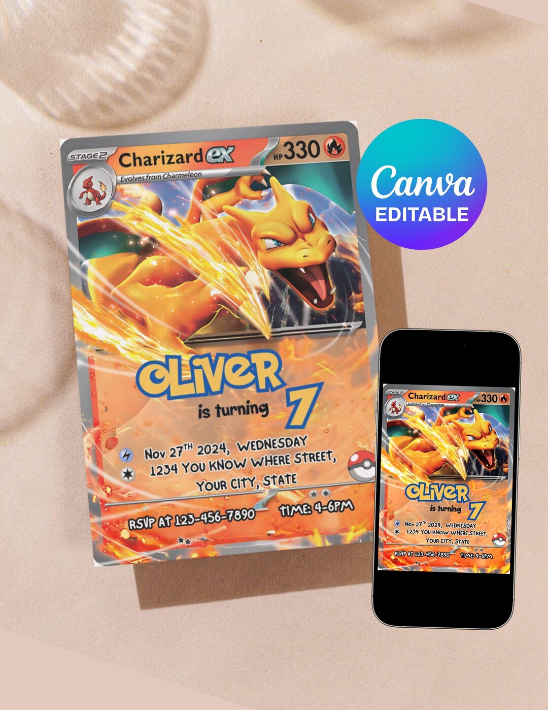 Editable Pokemon Birthday Invitation Template Charizard Card Invitation ...