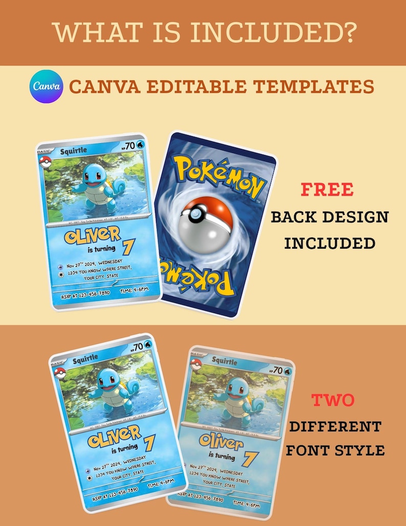 Editable Pokemon Birthday Invitation Template Squirtle Pokemon Invite ...