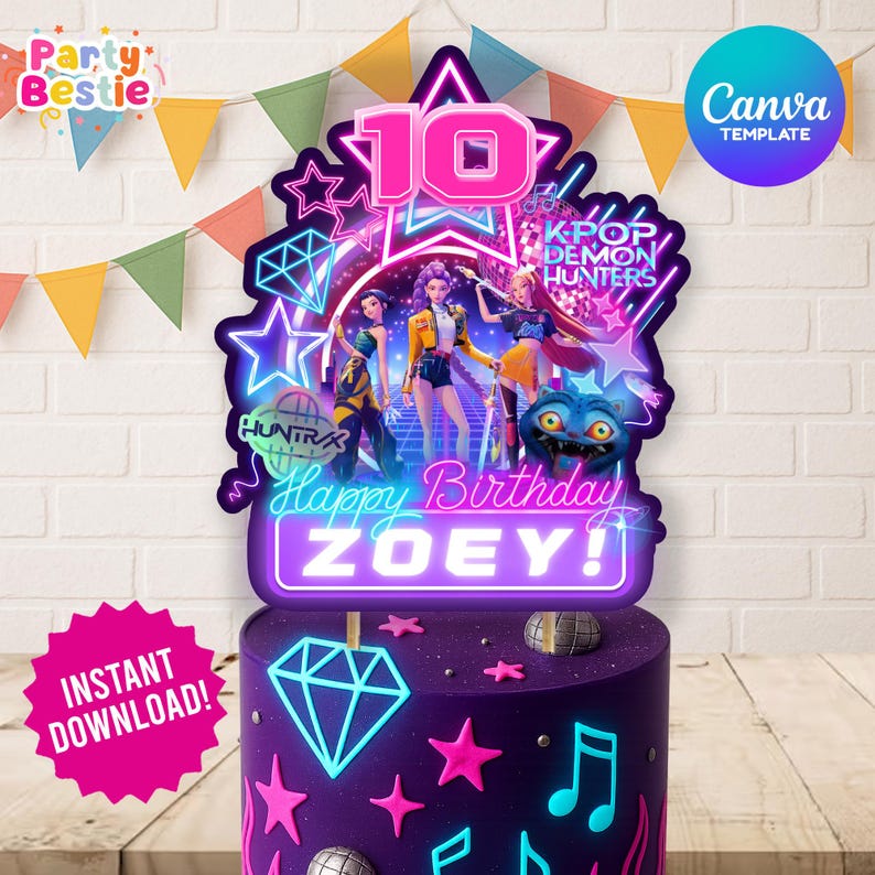 Editable Kpop Demon Hunters Birthday Cake Topper, Kpop Huntrix Birthday ...