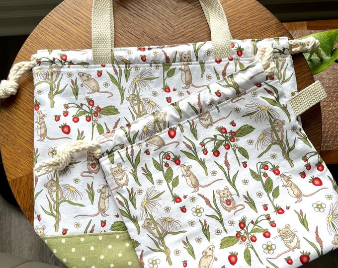 Mice Project Bag, Large or Small Sock Knitting Bag, Drawstring Bag for ...