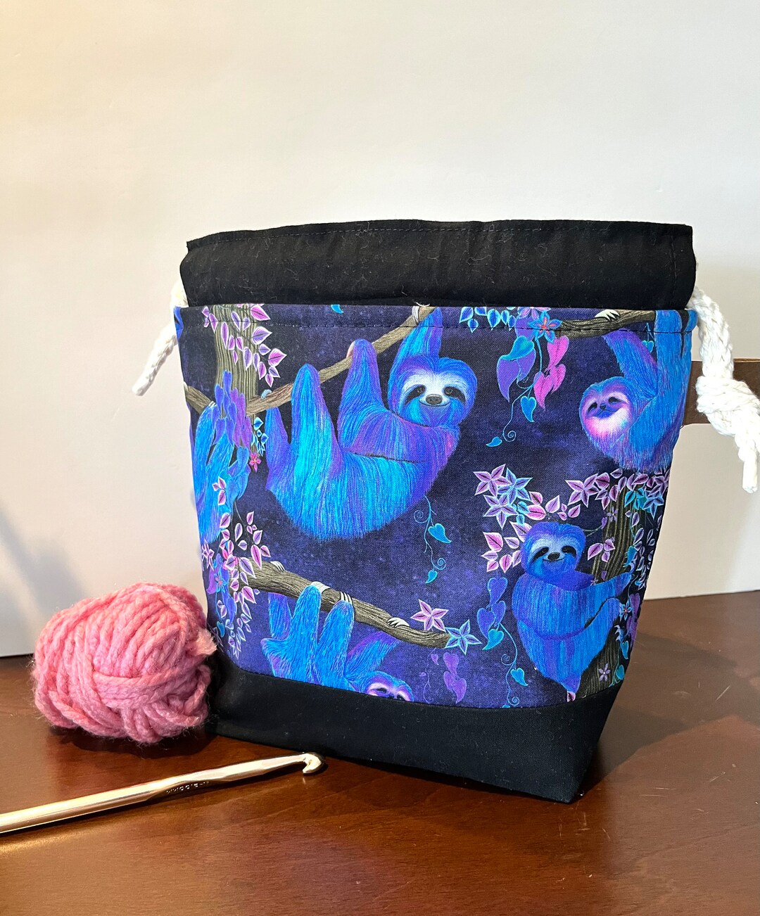 Sloth Project Bag, Socks Knitting Bag, Small Drawstring Bag for Crochet ...