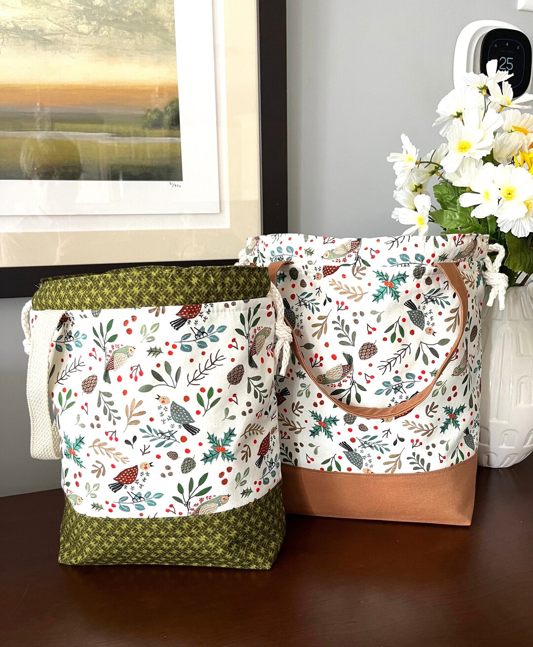 Cream Partridge Knitting Bag, Large or Medium Project Bag, Drawstring ...