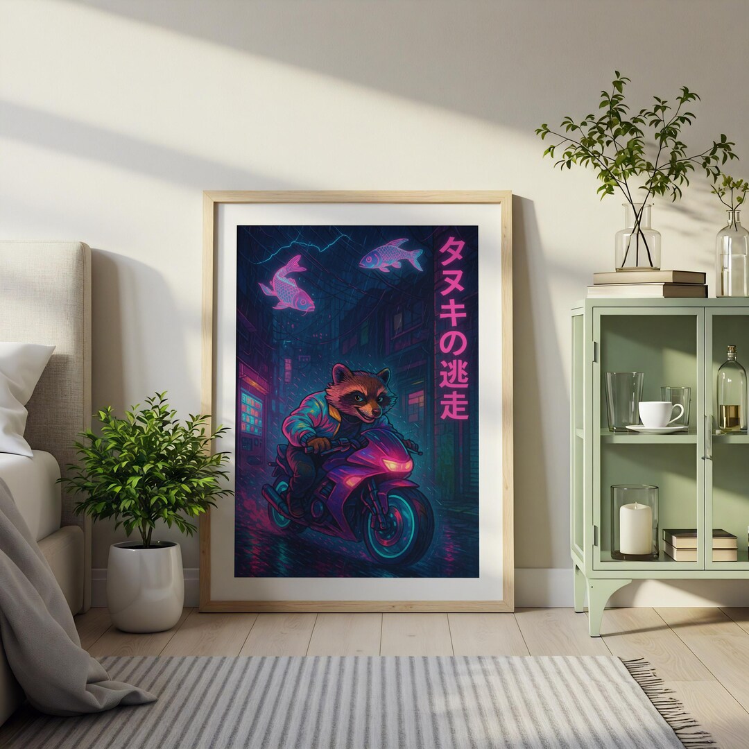 Cyberpunk Tanuki Poster | Neon Tokyo Animal Print | Japanese Wall Art ...