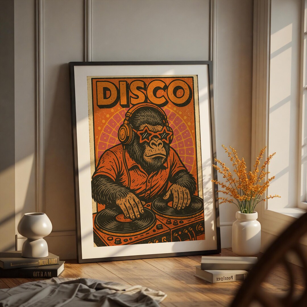Groovy Gorilla Disco Poster, Retro Wall Art, DJ Decor, Funky Gorilla ...