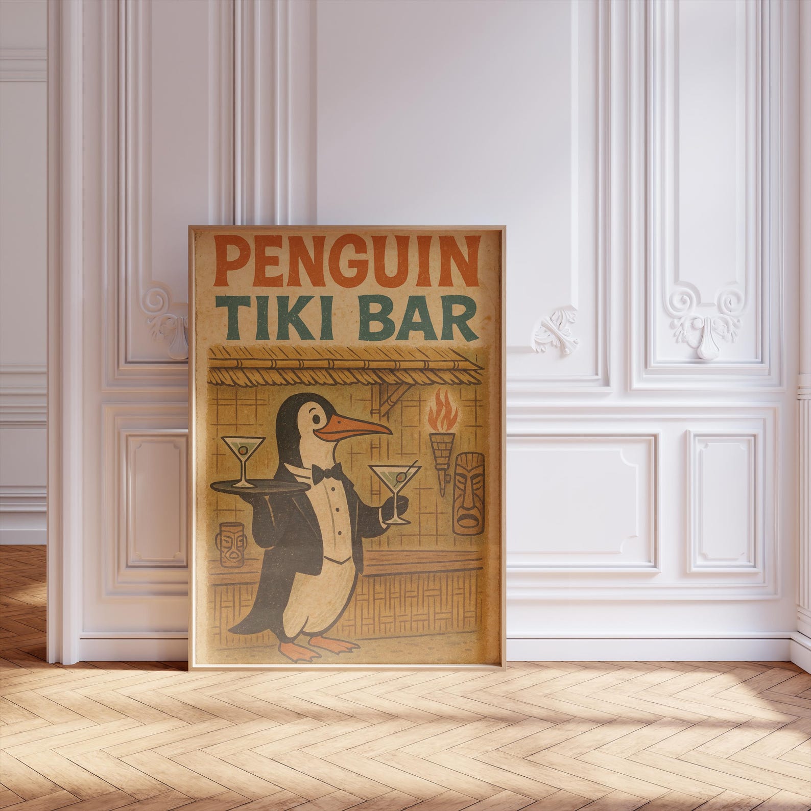 Vintage Penguin Tiki Bar Digital Print – Funny Mid-century Wall Art for ...